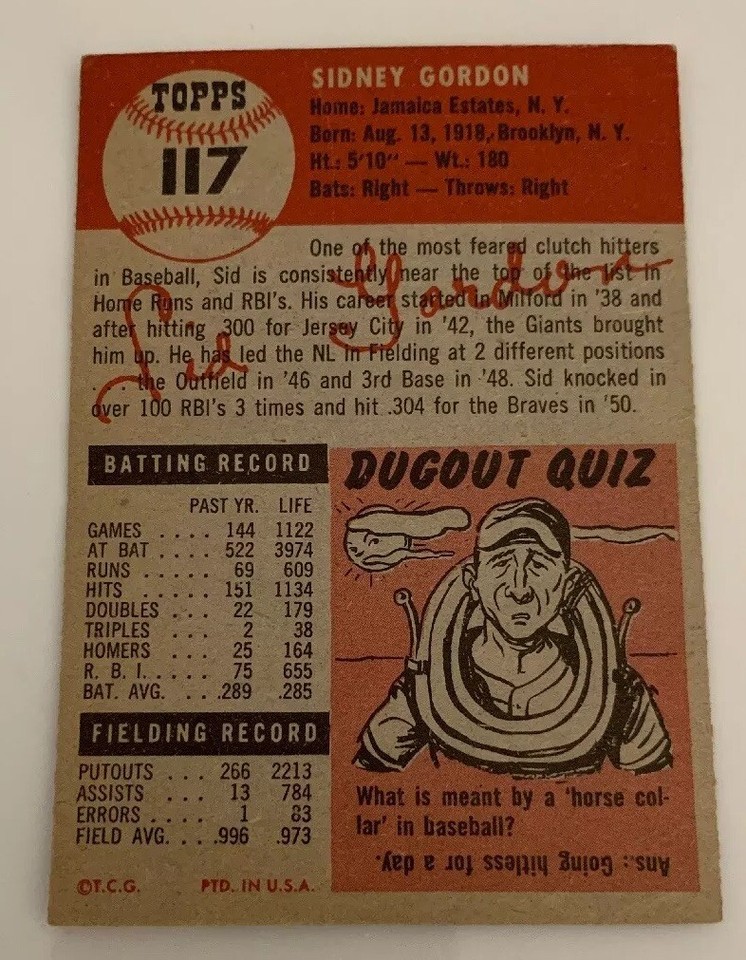 1953 Topps # 117 Sid Gordon Baseball Card Boston Braves | eBay