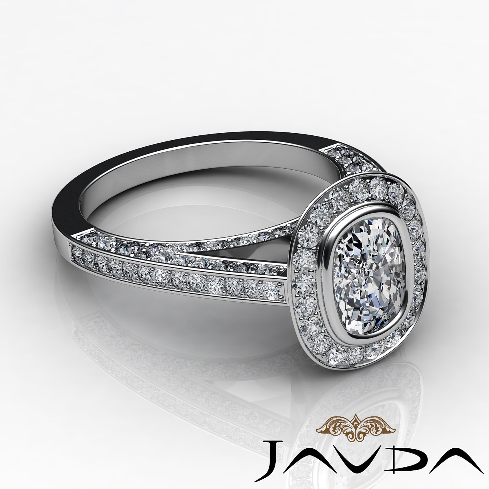 Bridge Accent Bezel Set Halo Cushion Cut Diamond Engagement Ring GIA F ...