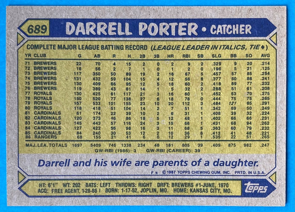 1987 Topps Darrell Porter #689 Baseball Card Texas Rangers (4x AS/NLCS ...