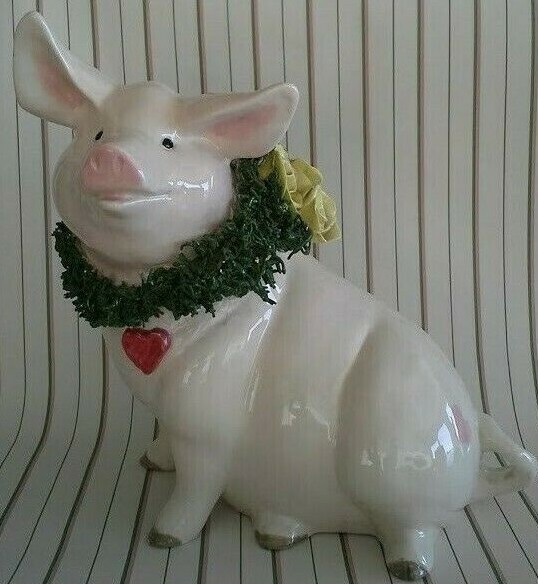 Vintage Large White Glazed Ceramic Pig Adorned with Yellow Roses and ...