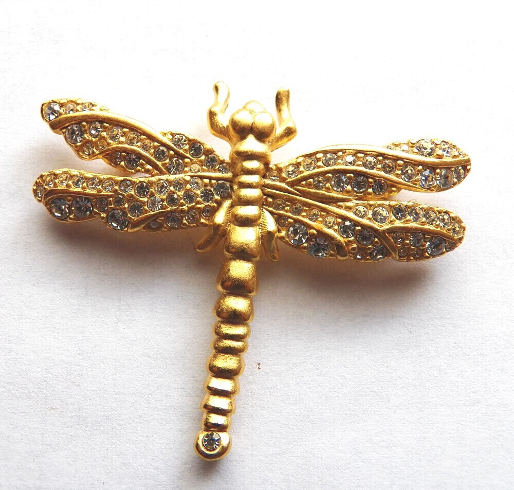 Swarovski Dragonfly Gold tone Brooch Pin Vintage Sign… - Gem
