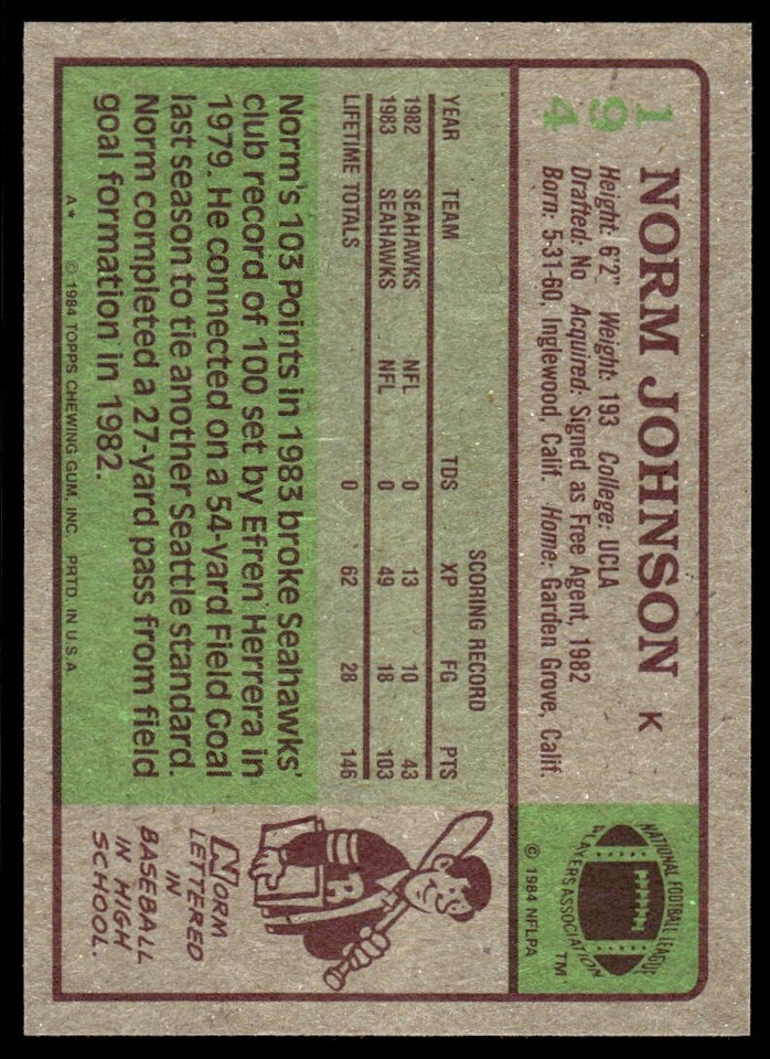 1984 TOPPS NORM JOHNSON SEATTLE SEAHAWKS #194 | eBay