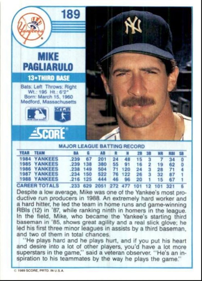 1989 Score Baseball Card Mike Pagliarulo B New York Yankees #189 | eBay