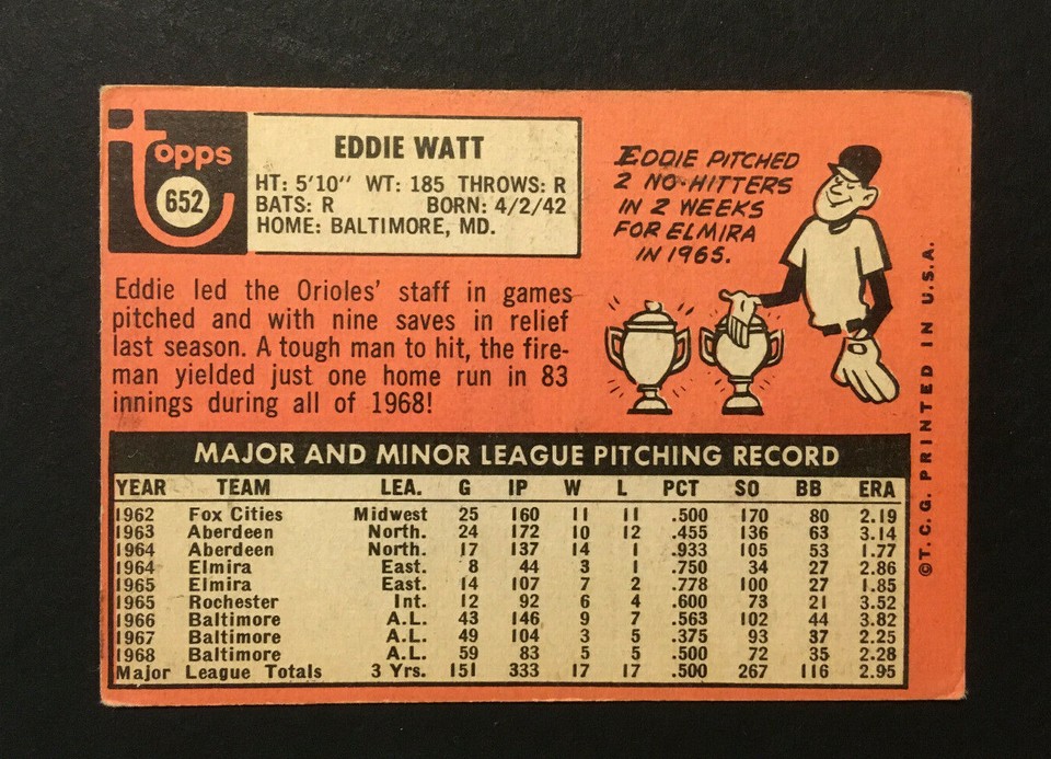 Eddie Watt Orioles signed 1969 Topps baseball card #652 Auto Autograph ...