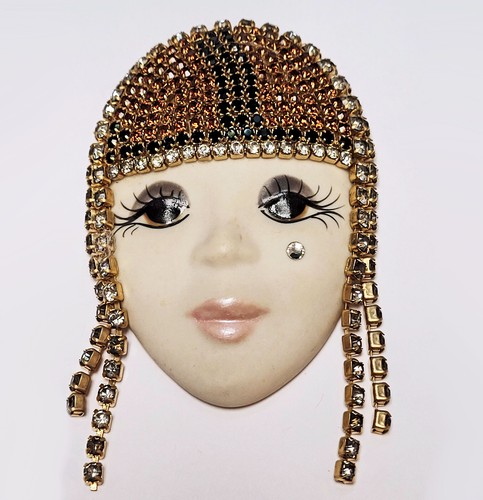 Vintage Art Deco FLAPPER FACE HEADDRESS Porcelain Rhinestone Brooch Pin ...