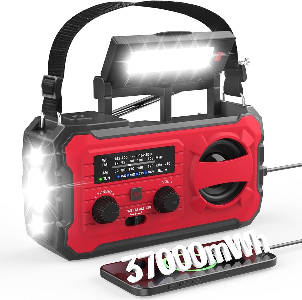 Hand Crank Weather Radio 37000mAh Emergency Solar IPX5 Power Bank ...