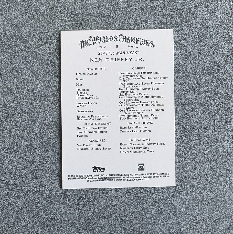 2025 Topps Allen & Ginter Ken Griffey Jr #9 Silver Portrait Seattle ...