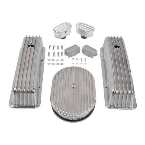 For SBC Chevy 58-86 Finned Tall Valve Cover &12'' Oval Air Cleaner ...