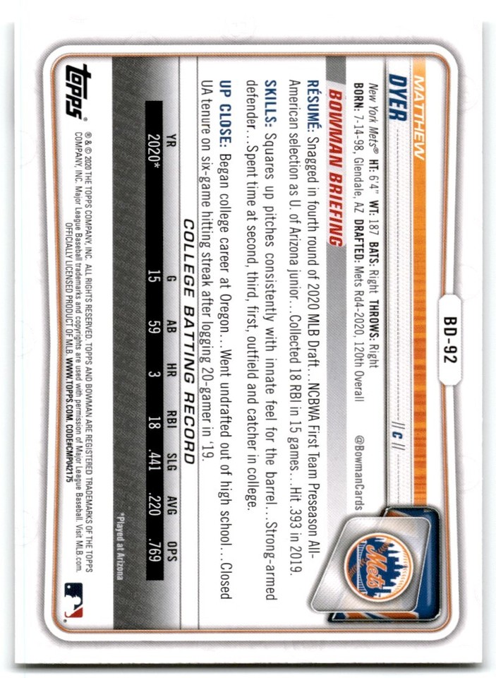 2020 Bowman Draft Matthew Dyer New York Mets #BD-92 | eBay