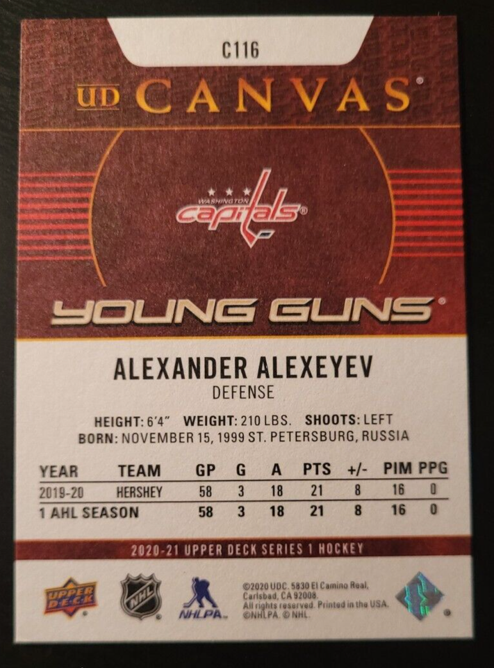 ALEXANDER ALEXEYEV 2020-21 UPPER DECK YOUNG GUNS UD CANVAS ROOKIE CARD ...