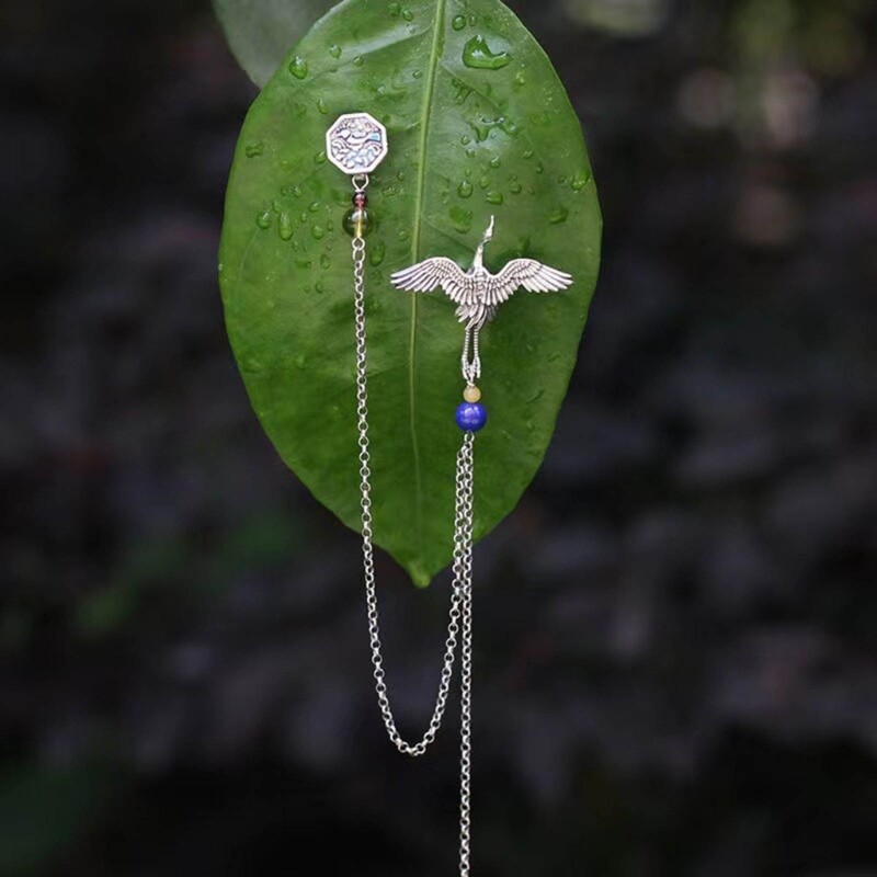 Ethnic Style Crane Bird Brooches Chain Lapel Pins for Women Safety Pin ...