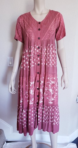 Sacred Threads Dress Faded Red Batik Tiers Embroidery 110" Sweep S M OS ...