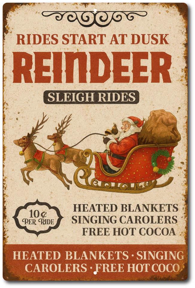 Reindeer Sleigh Rides Sign – Vintage lOOK Christmas Metal Tin Holiday ...