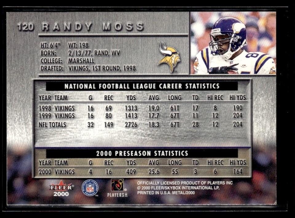 2001 Fleer Metal Randy Moss Rookie New York Jets #120 | eBay