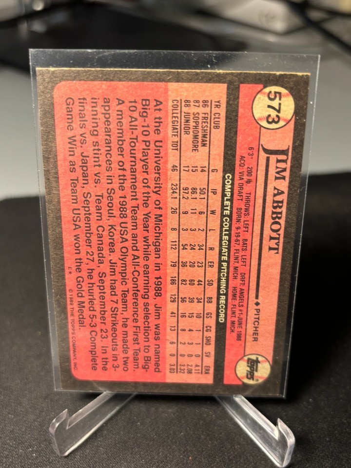 1989 Topps Jim Abbott #573 RC Rookie Card California Angels #1 Draft ...