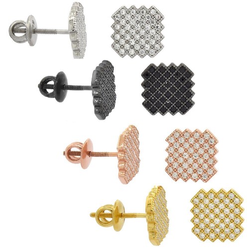 Sterling Silver Micro Pave CZ Stones Jagged Square Screw Back Stud ...