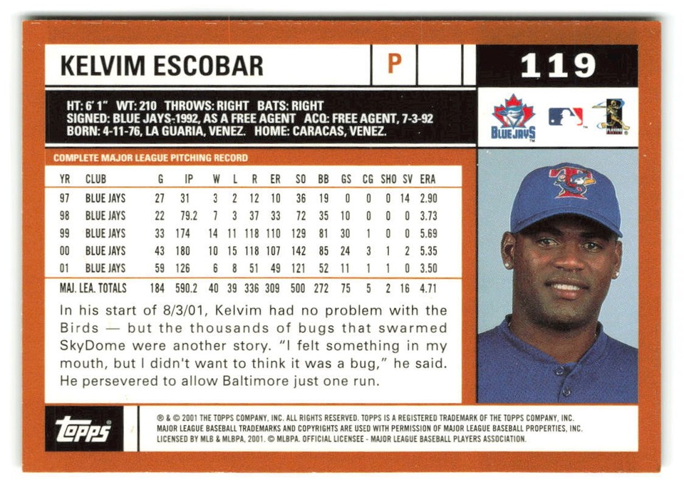 2002 Topps Kelvim Escobar #119 Toronto Blue Jays BASEBALL Card | eBay