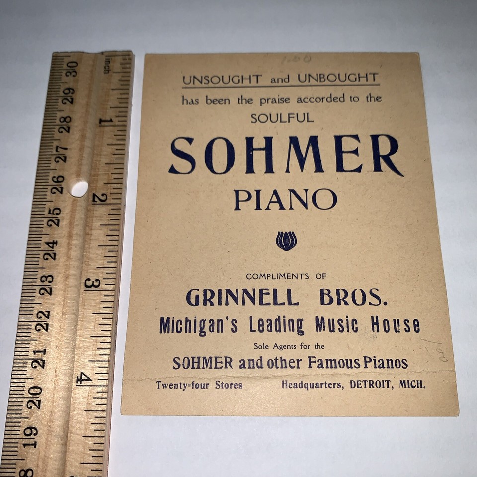 Vintage Advertising Card Sohmer Piano Detroit Michigan Grinnell Bros ...