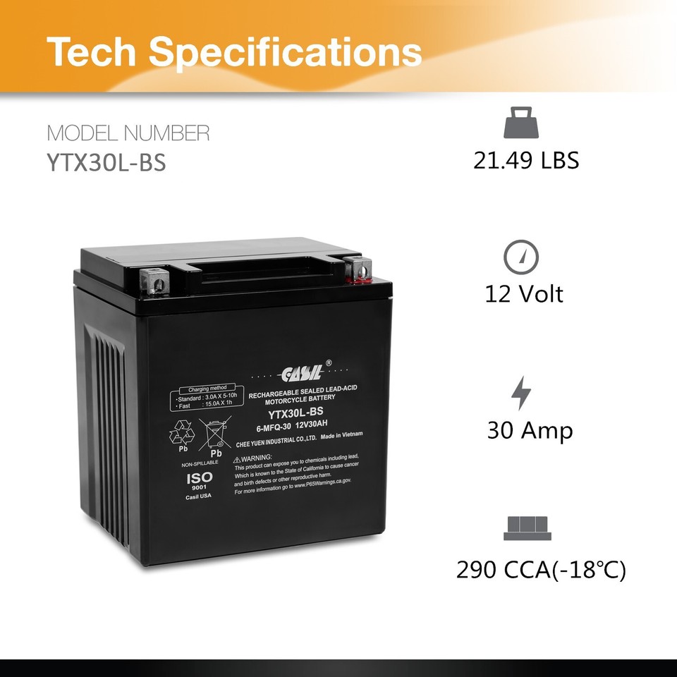 Casil YTX30L-BS Power Sports Replacement Yuasa YIX30L Motorcycle ...