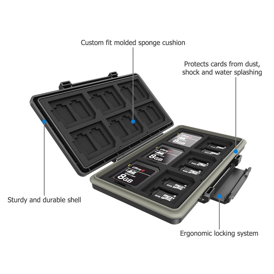 Water-Resistant Memory Card Case Storage Holder fits 12 SD 24 Micro SD ...