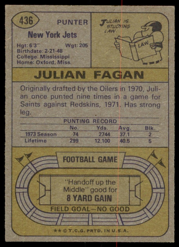 1974 TOPPS JULIAN FAGAN NEW YORK JETS #436 | eBay