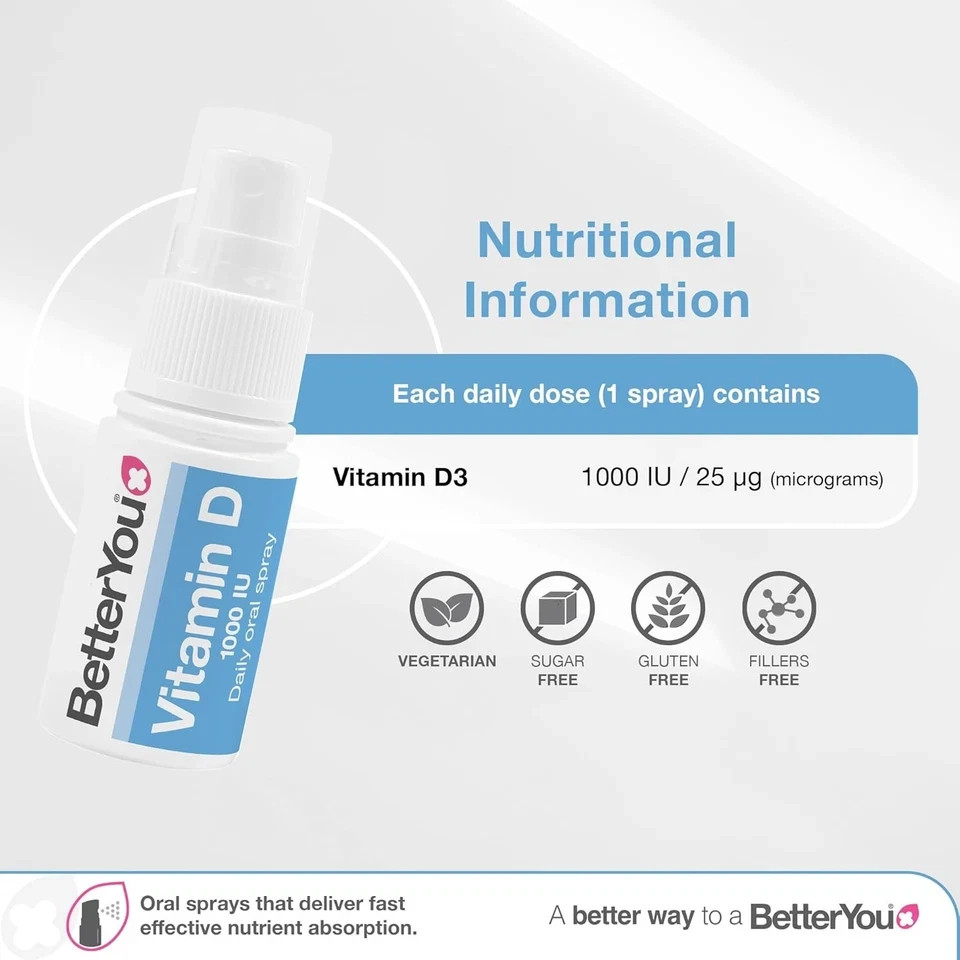 BetterYou Vitamin D 1000 IU Oral Spray, Fast Acting D3 Supplement ...