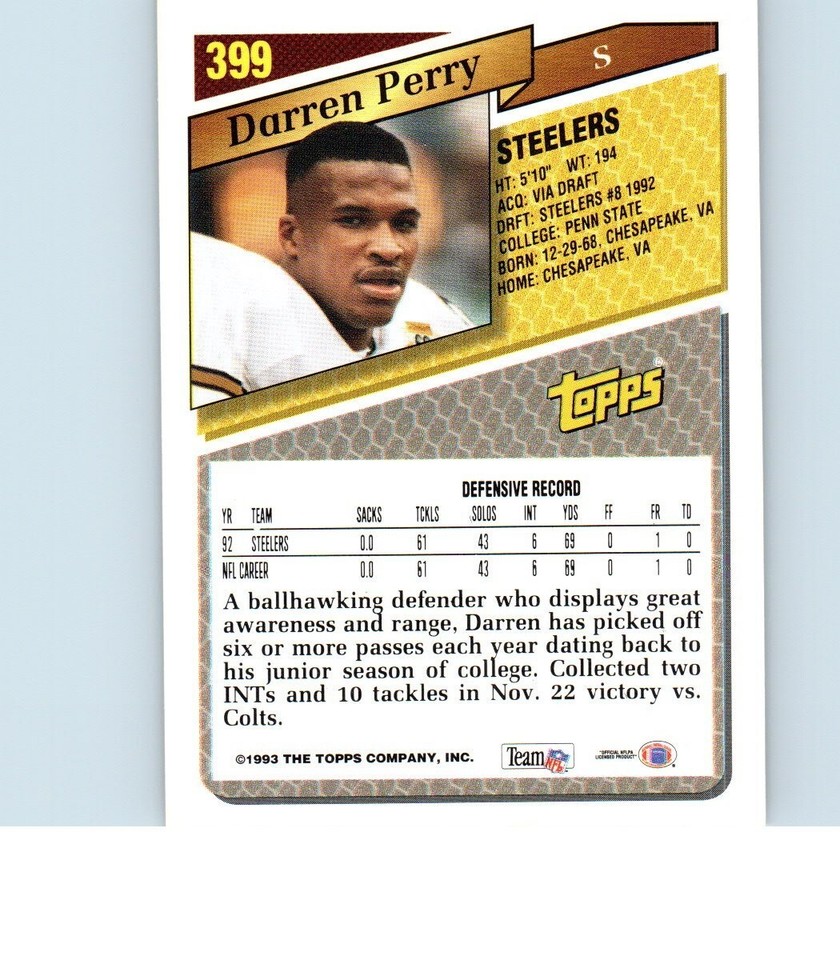 Darren Perry 399 Steelers 1993 Topps Football Trading Card | eBay