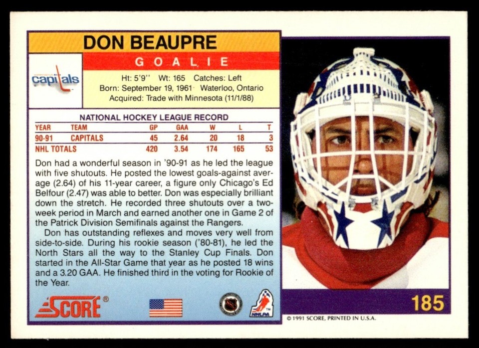 1991-92 Score American #185 Don Beaupre Washington Capitals | eBay