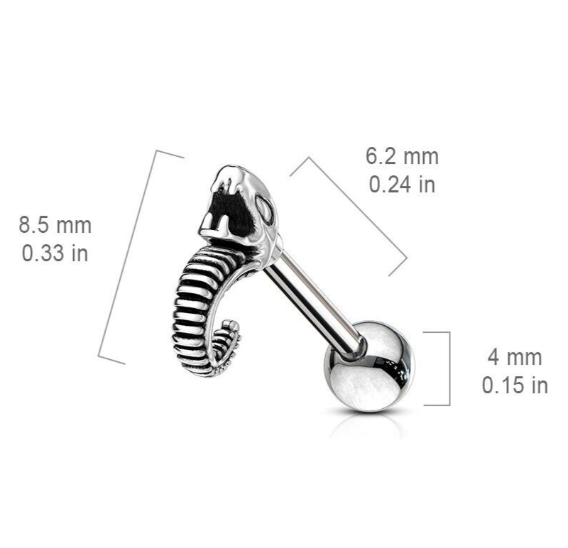 Hissing Cobra Snake Tragus 6mm Helix Bar Cartilage Upper Ear Piercing ...
