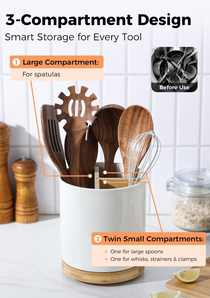 3 Compartment Utensil Holder, Extra Large Utensil Crock, Stable Ceramic ...