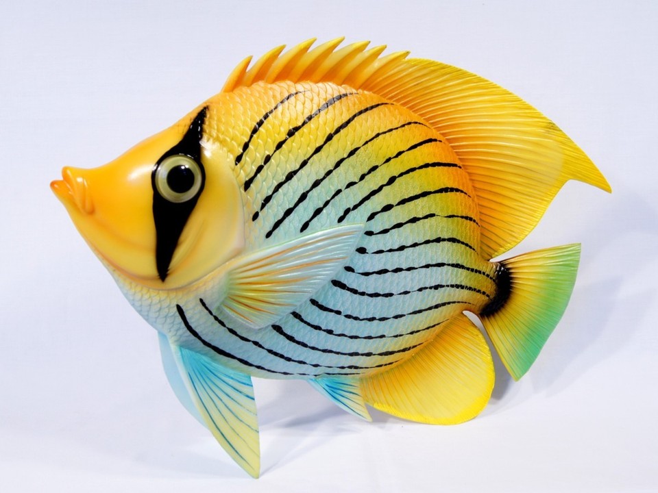 Hand Painted 20" Tropical Fish Statue Figurine Sculpture Blue Yellow ...