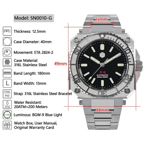 SAN MARTIN SN0010-G ETA2824 Automatic Stainless Steel 20 ATM Watch ...