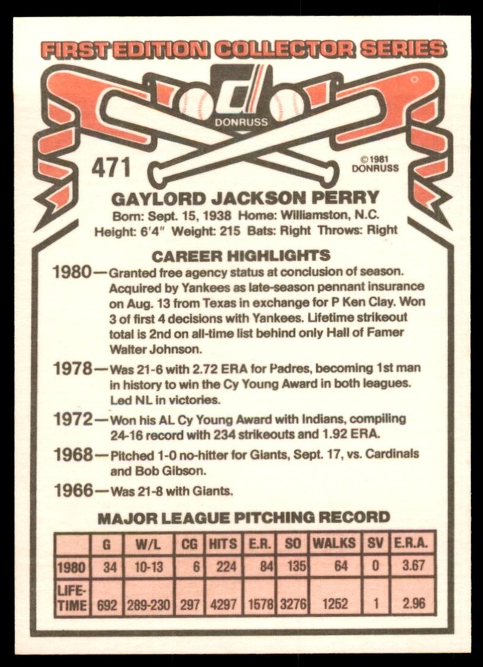 1981 Donruss Baseball Card Gaylord Perry New York Yankees #471 | eBay