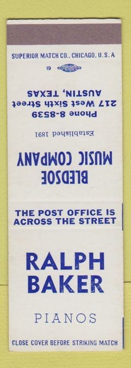 Matchbook Cover - Bledsoe Music Company Austin TX Ralph Baker Pianos ...