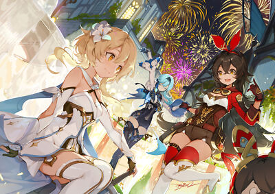 Anime genshin impact artwork lumine amber eula girls Playmat Game Mat ...