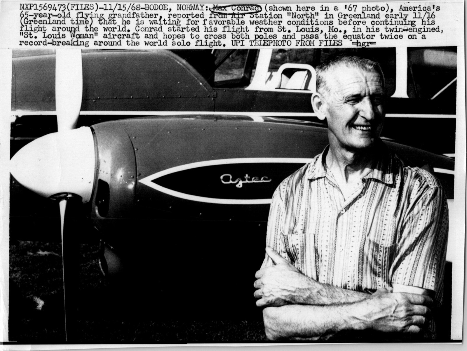 1967 Piper Aztec airplane pilot Max Conrad of Winona MN 8x10 Press ...