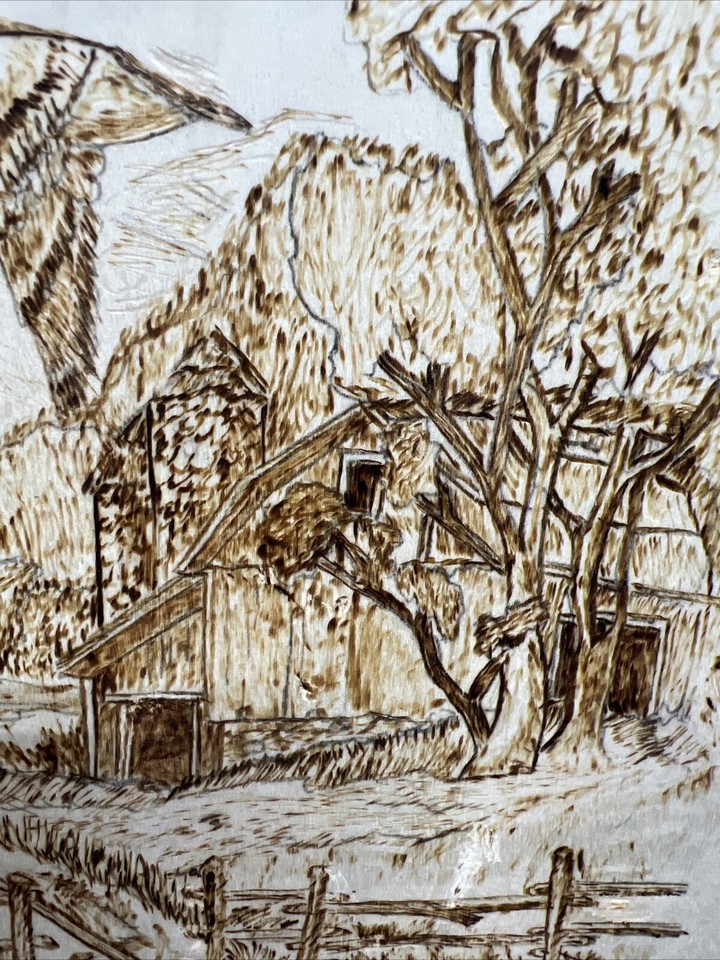Wood Burned Art Pyrography Farmhouse Barn Wall Hanging Signed Matzco ...