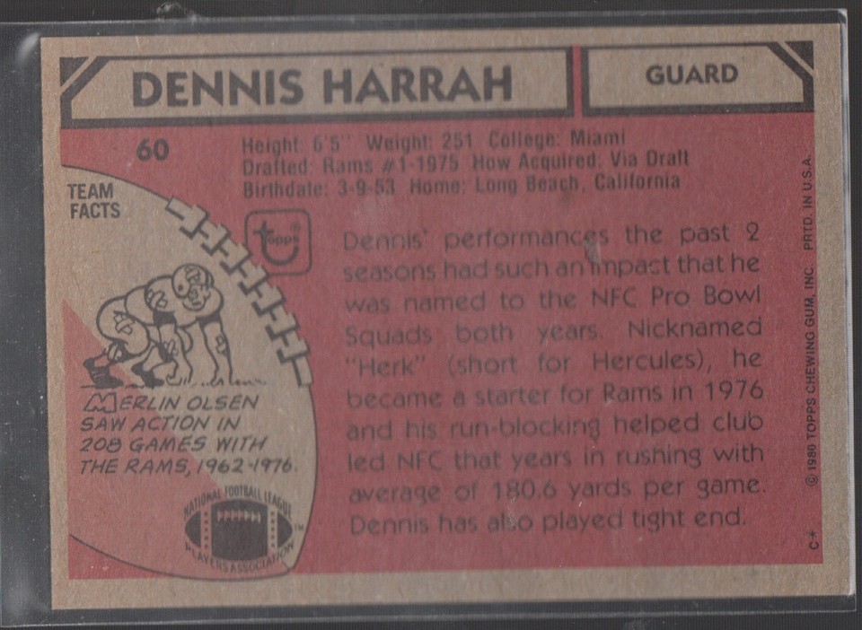 DENNIS HARRAH 1980 Topps #60 Los Angeles Rams RC WV TTM/IP Signed ...