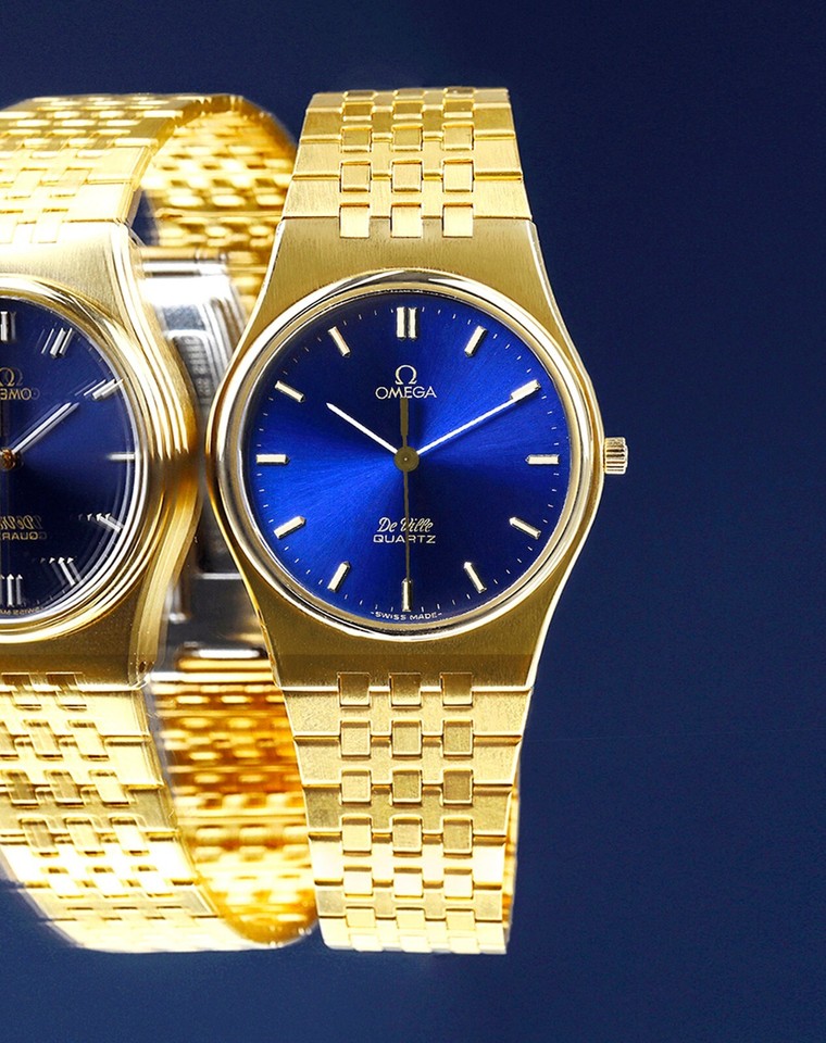 'Authentic' OMEGA DE VILLE QUARTZ 18K-GP BLUE SUNRAY DIAL MEN'S WATCH ...