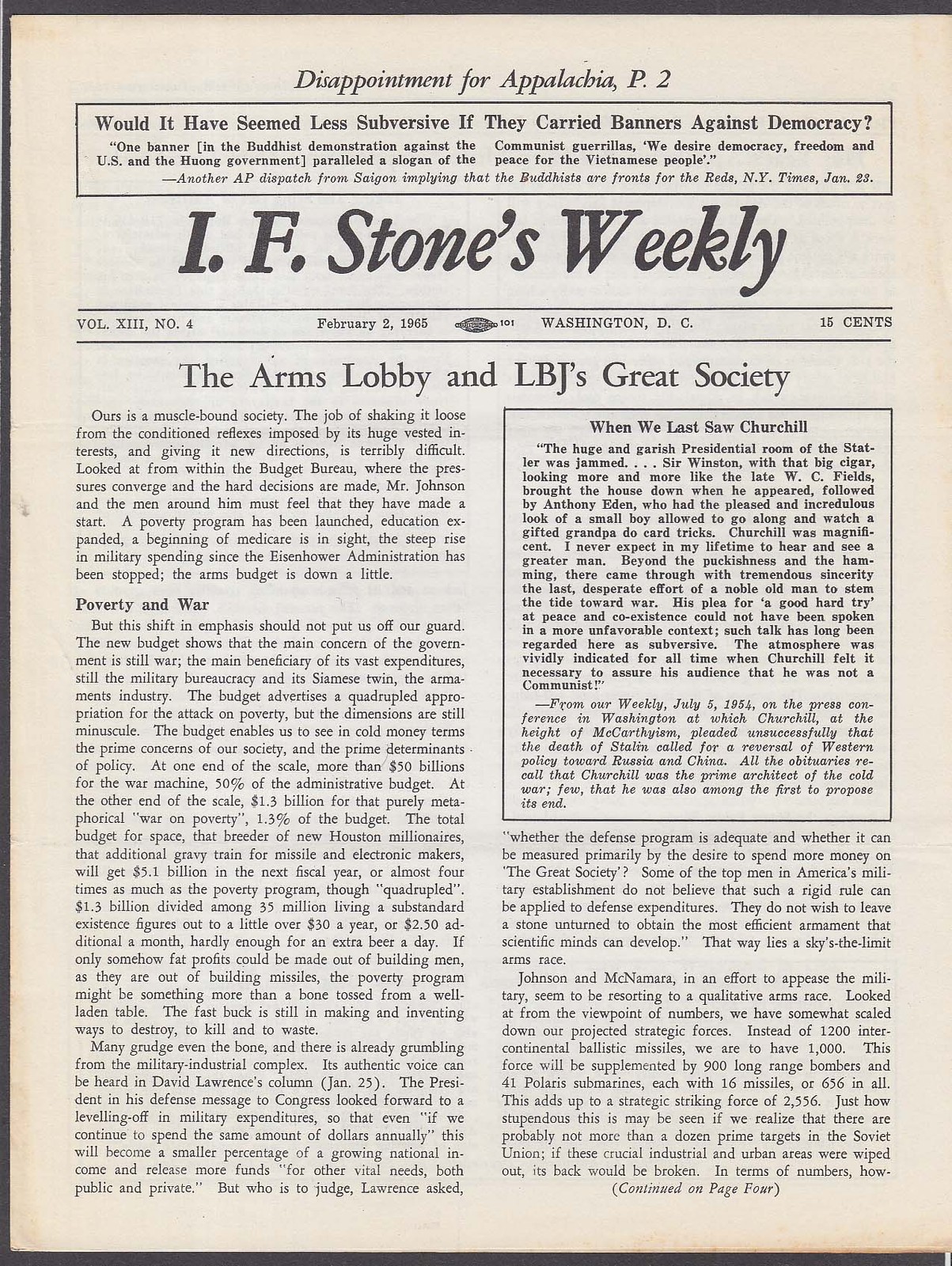 I F STONE'S WEEKLY Vol XIII #4 Army Lobby LBJ Great Society 2/2 1965 | eBay