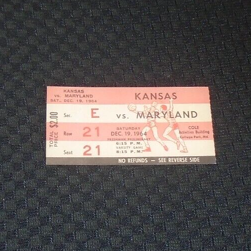 1964 UNIVERSITY OF MARYLAND BASKETBALL TICKET V KANSAS HAWKS VERY COOL ...