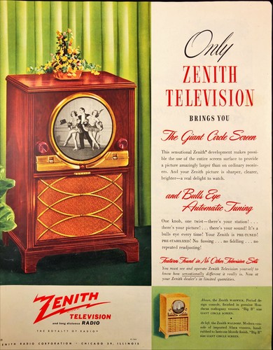 1949 Zenith TV Console Print Ad Giant Circle Screen Vaudeville Warwick ...
