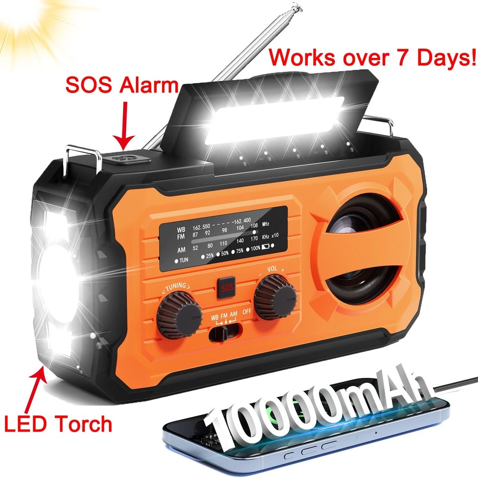 Hand Crank Weather Radio 37000mAh Emergency Solar IPX5 Power Bank ...