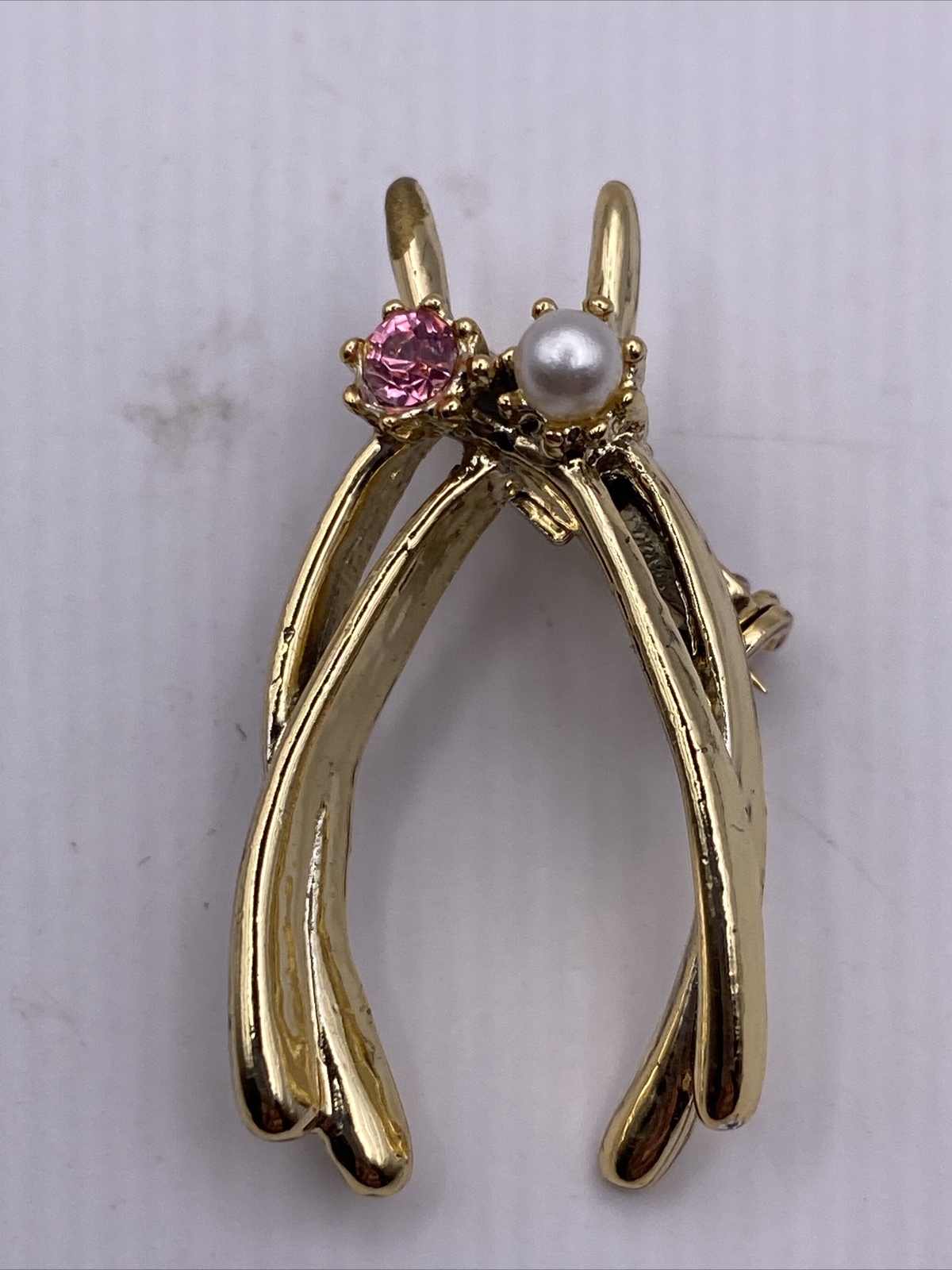 Pin Double Wishbone Pin brooch Gold Tone Rhinestone Faux Pearl 1 -1/8 ...