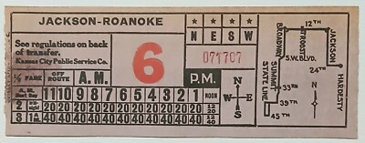 1930s Kansas City Public Service Co. Trolley Ticket Jackson Roanoke ...