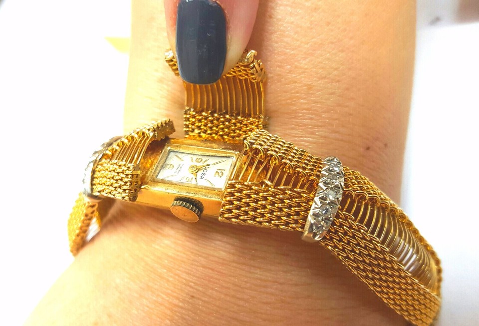 Eloga, 17 Jewels, 14K Yellow Gold & Diamond Lady's Old Antique Vintage ...