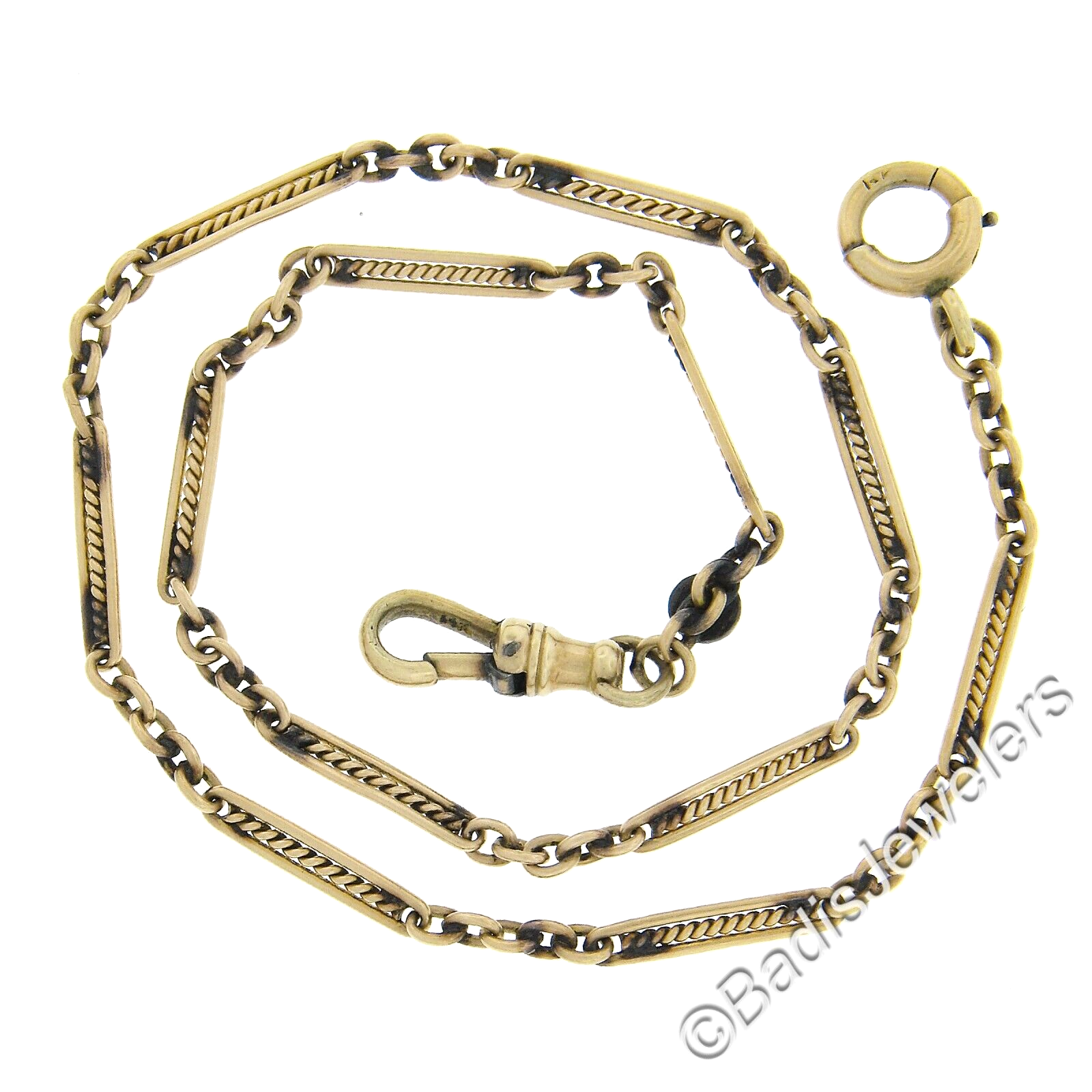 Antique 14k Gold 13" Pocket Watch Cable Link Chain w/ Dog Clip & Spring ...