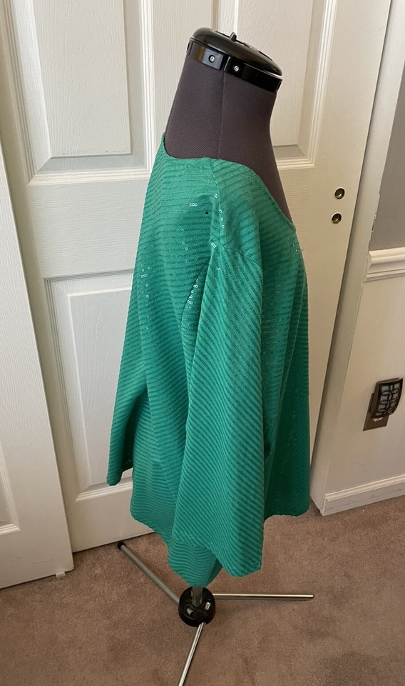 CALVIN KLEIN Green Crew Neck Sequin Covered 3/4 Sleeve Cotton Top 2X ...