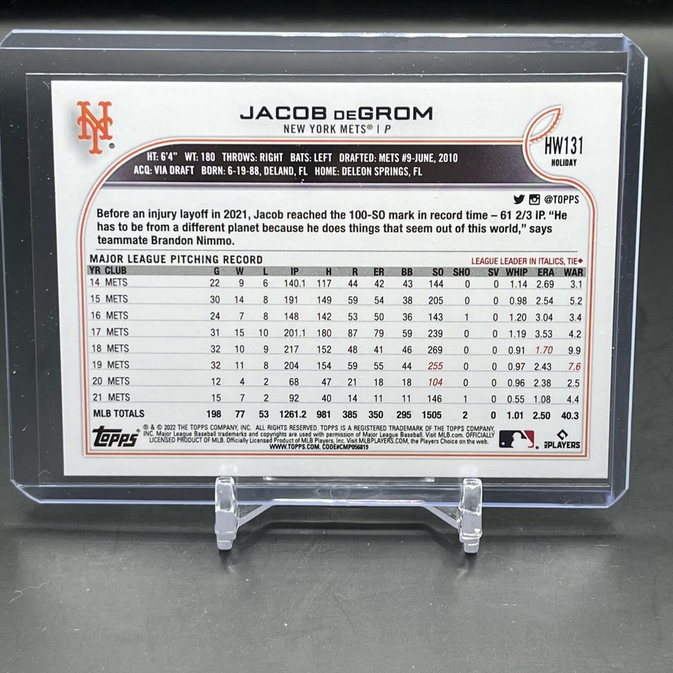 2022 Topps Holiday Jacob deGrom Candy Cane Cleat SP Code 819 #HW131 ...