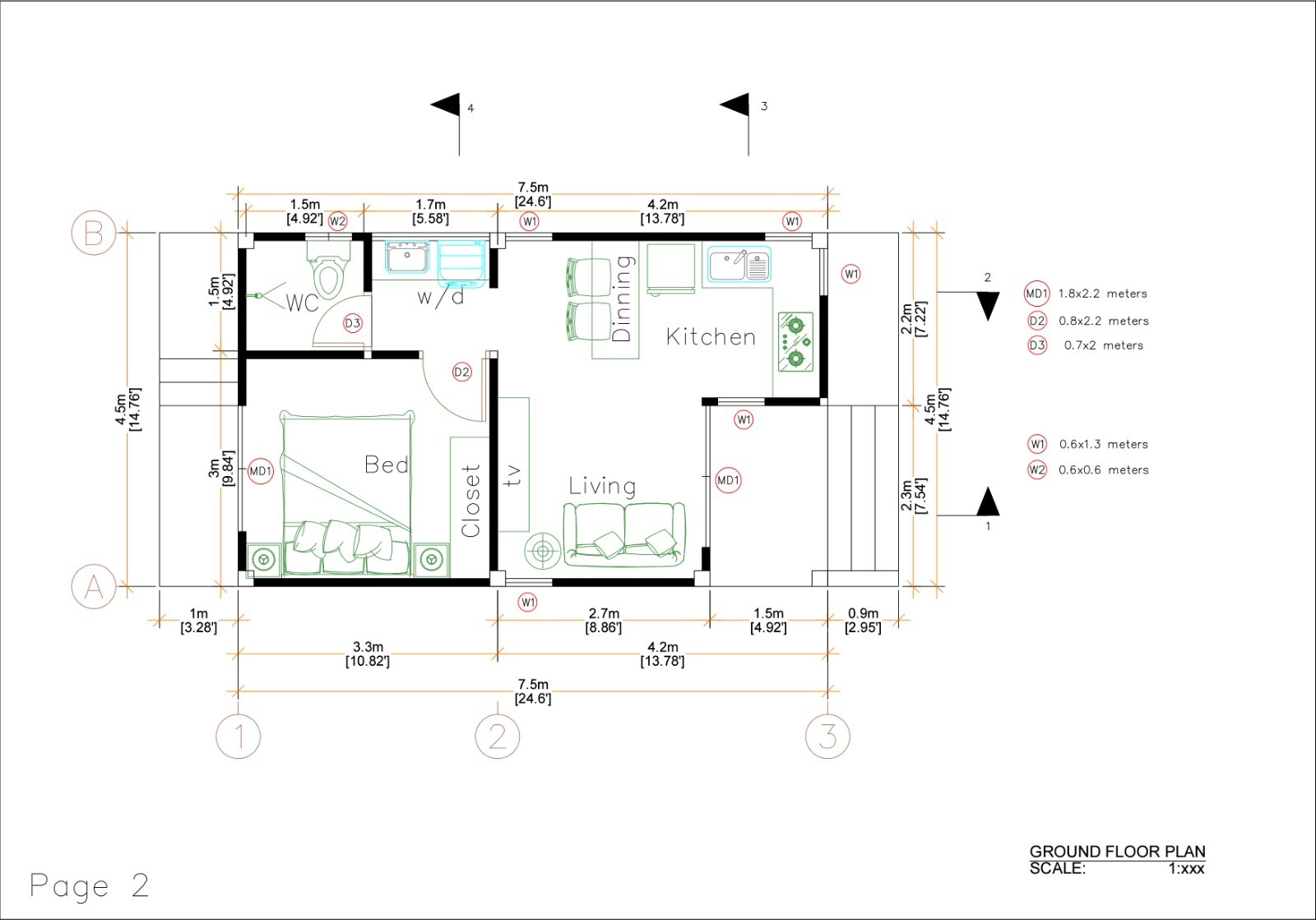 15x25 Feet Small House Plan 4.5x7.5 Meter 1 Bed 1 Bath PDF & (A4 ...